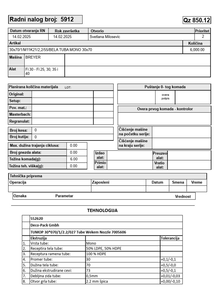 5912 Radni Nalog Broj: QZ 850.12 | PDF