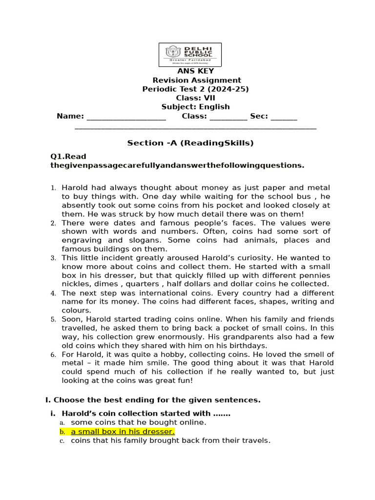 PT2 CLS 7 Rev Assign Ans Key 2024-25 | PDF | Coins