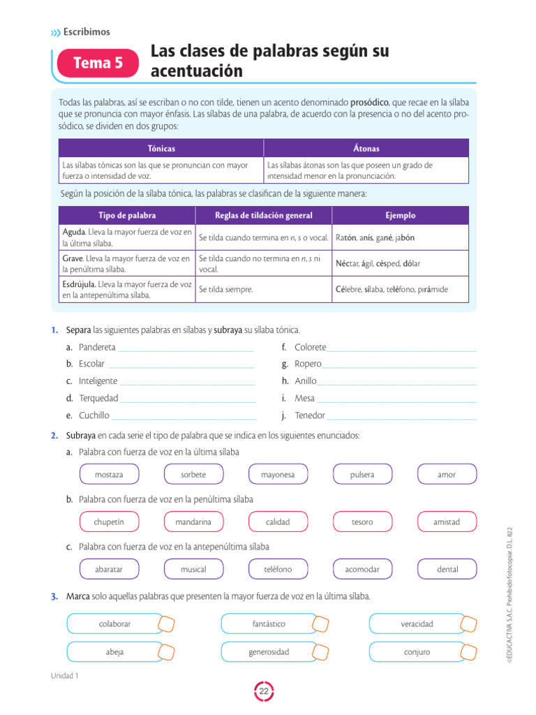 Las Clases de Palabras Según Su Acentuación - 2 - 3 - Ortografía | PDF