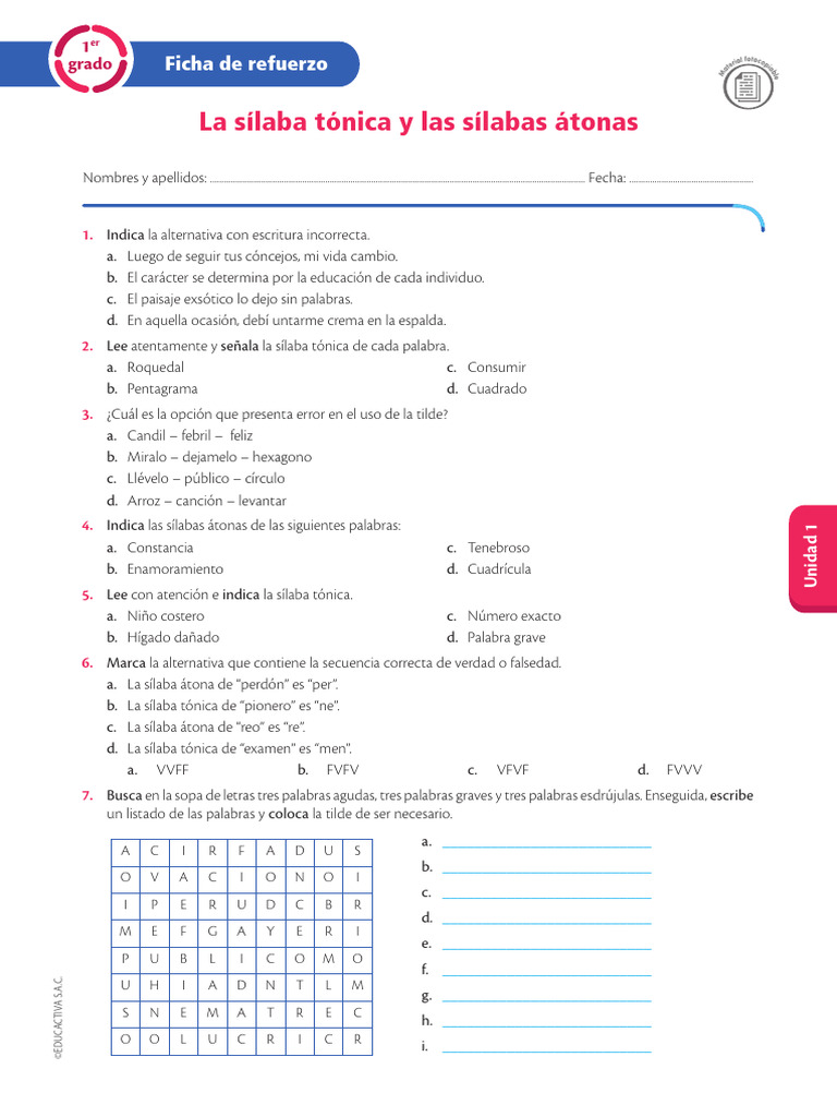 Sílaba tónica y palabras agudas | PDF
