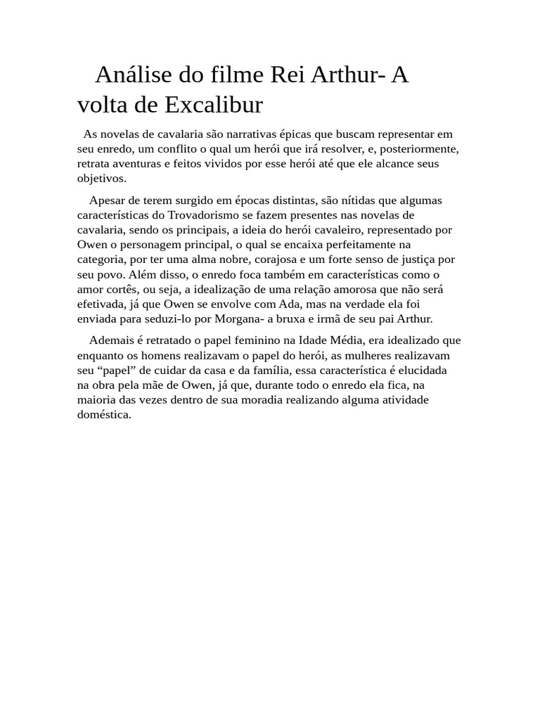 Análise do Filme Rei Arthur e Trovadorismo | PDF
