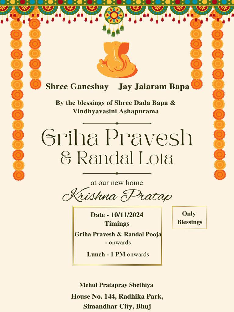 Orange and Cream Delicate Floral Griha Pravesh Invitation - 20241103 ...