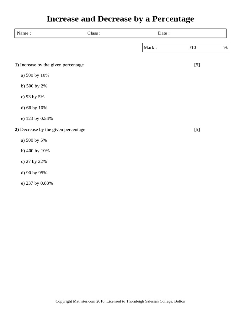 Percentage Increase and Decrease Exercises | PDF