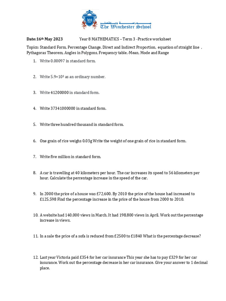 16th May_Y8_Practice Revision _Worksheet_WS | PDF