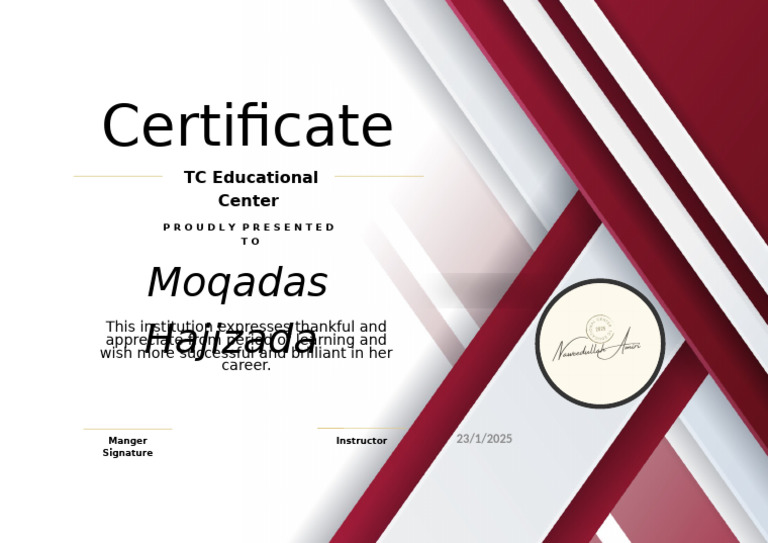 Certificate: Moqadas Hajizada | PDF