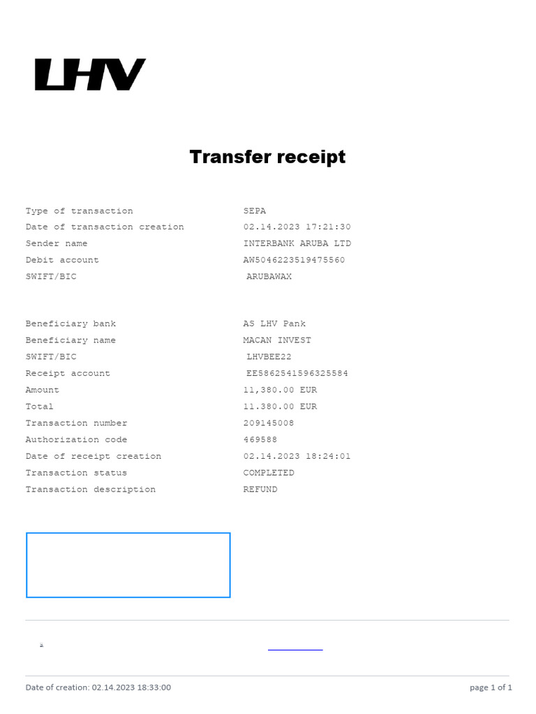 Transfer Receipt LHV PANK | PDF