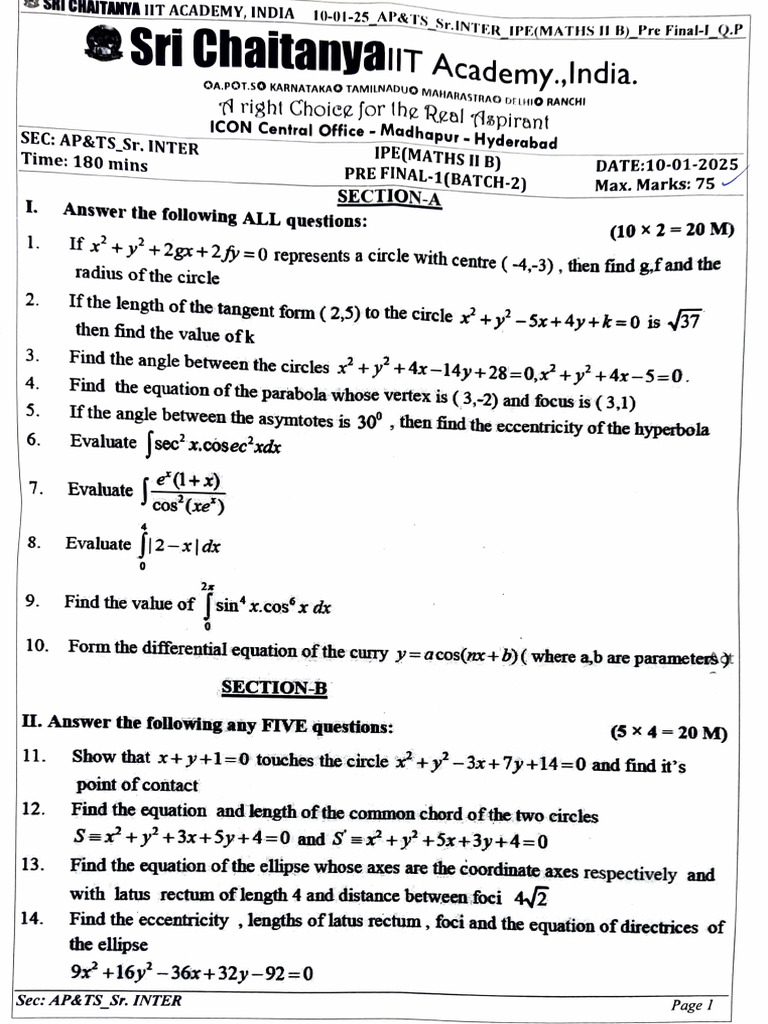 10.01.25 Maths 2B Pre Final Paper -1 | PDF | Ellipse | Elementary Geometry