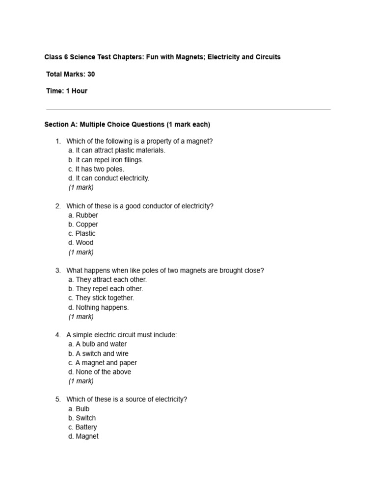Class 6 Science Test Chapters - Fun With Magnets Electricity and ...