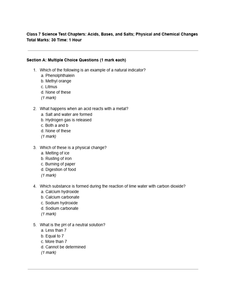 Class 7 Science Test Chapters_ Acids, Bases, and Salts; Physical and ...