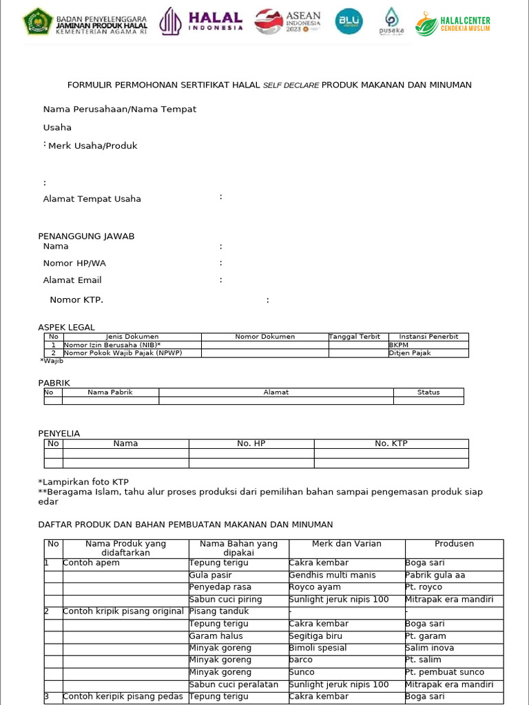 Formulir Sertifikat Halal Produk | PDF