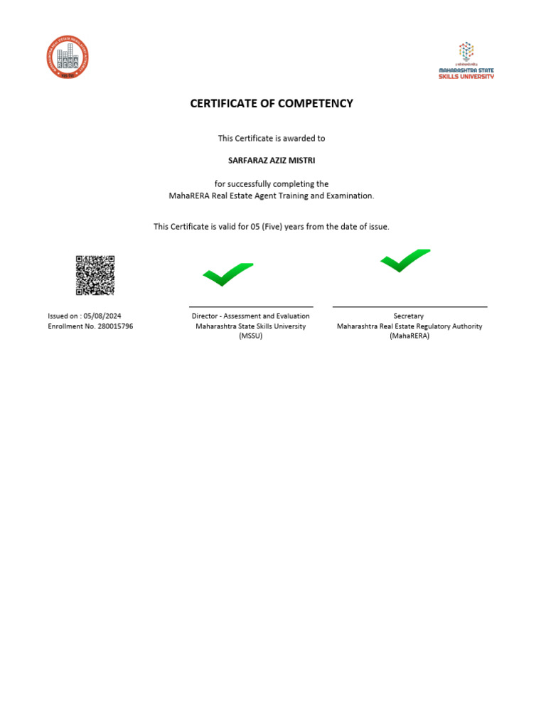 Verified Rera Certificate of Competency | PDF