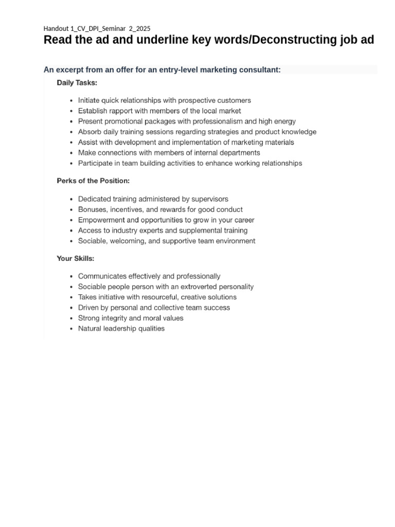Seminar 2_Tailoring CV to Deconstructed Job Ad_Handout 1_2 | PDF