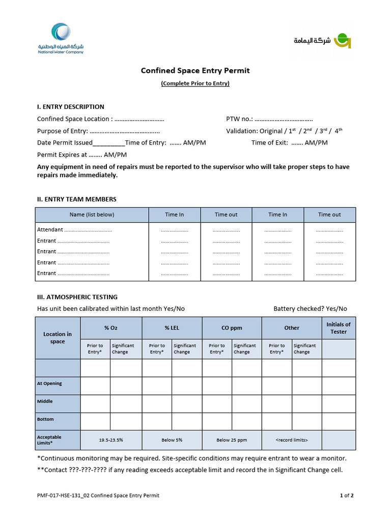 Confined Space Entry Permit Form | PDF | Working Conditions | Safety