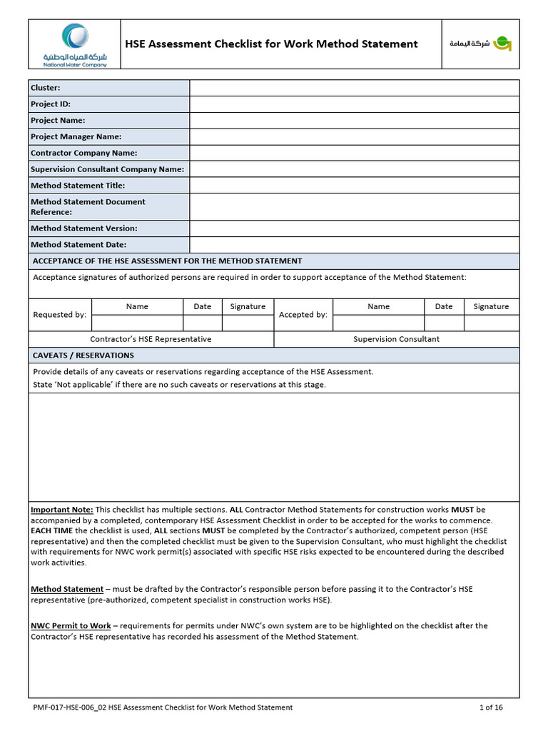 PMF-017-HSE-006 - 02 HSE Assessment Checklist For Work Method Statement ...
