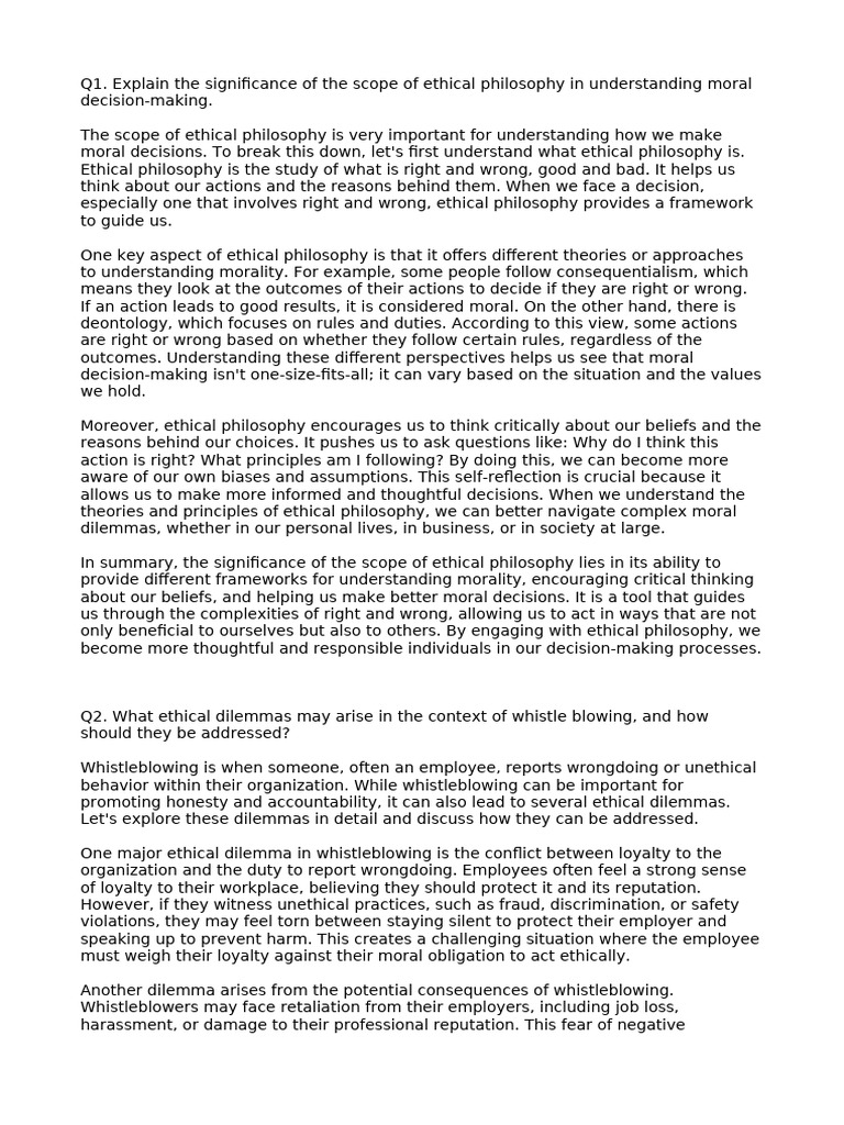 Q1. Explain The Significance of The Scope of Ethical Philosophy in ...