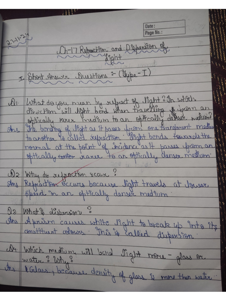 Chapter - Refraction and Dispersion of Light Class-8th | PDF