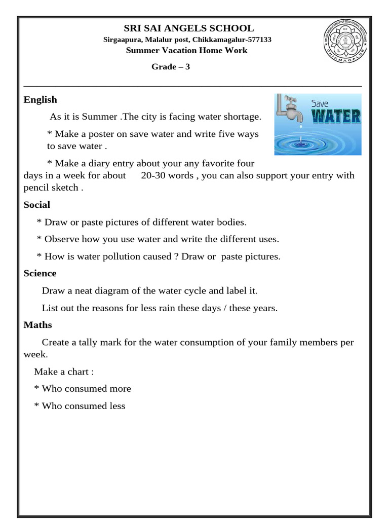 Grade 3 Summer Homework: Water Conservation | PDF