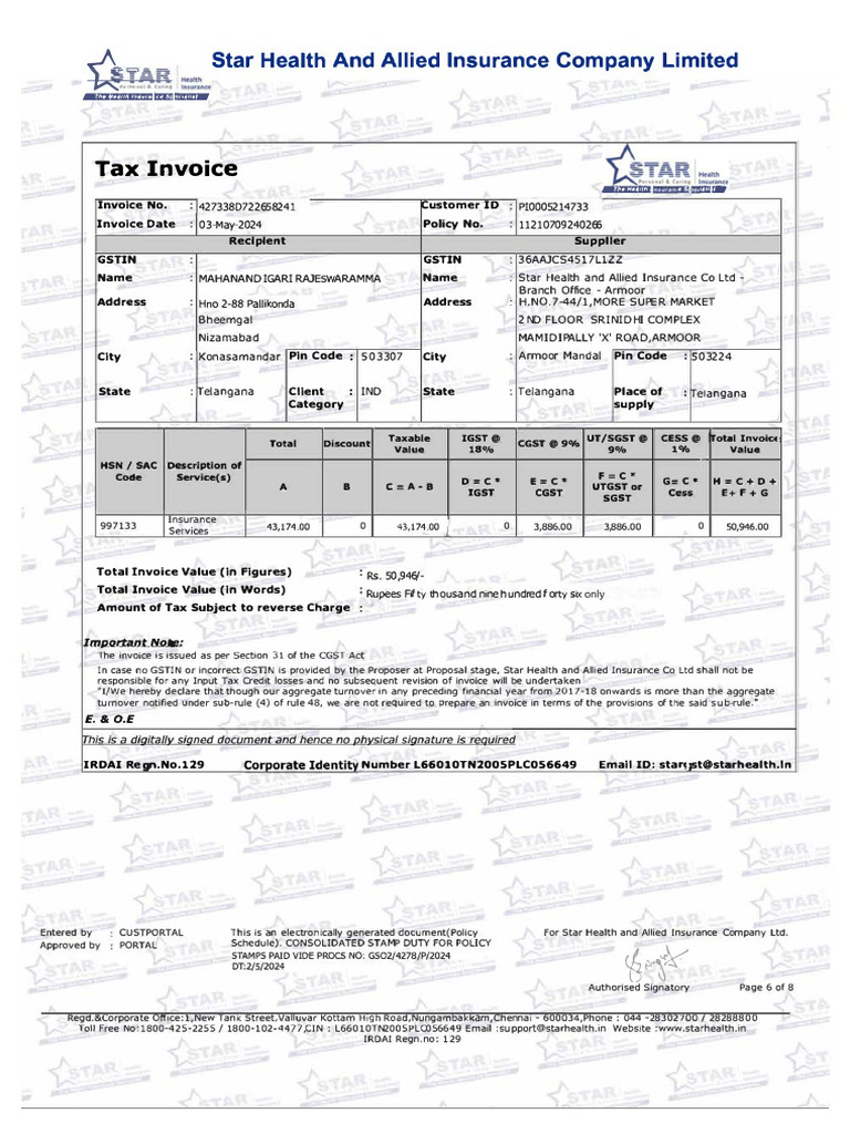 Star Health Insurance Tax Invoice 2024 | PDF | Taxation | Payments