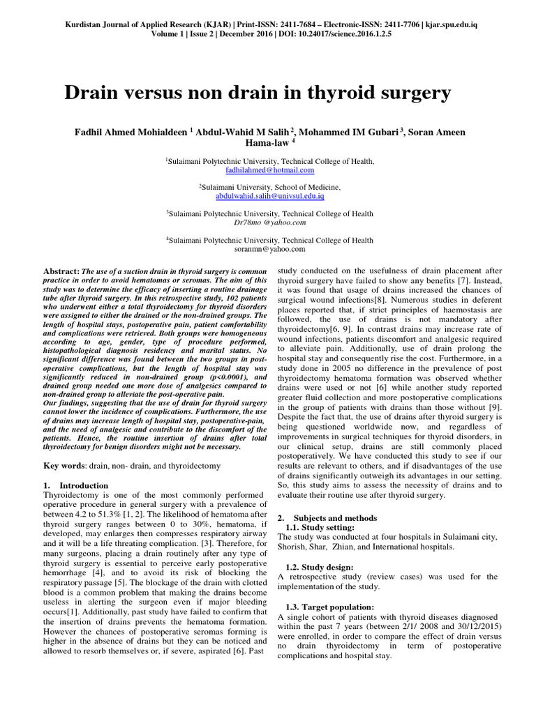Drain vs Non-Drain in Thyroid Surgery | PDF | Surgery | Medical Specialties