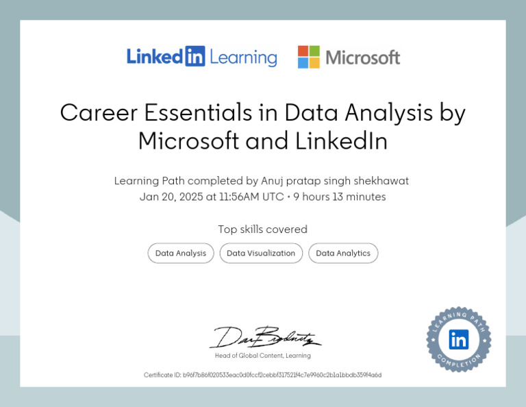 CertificateOfCompletion_Career Essentials in Data Analysis by Microsoft and LinkedIn | PDF
