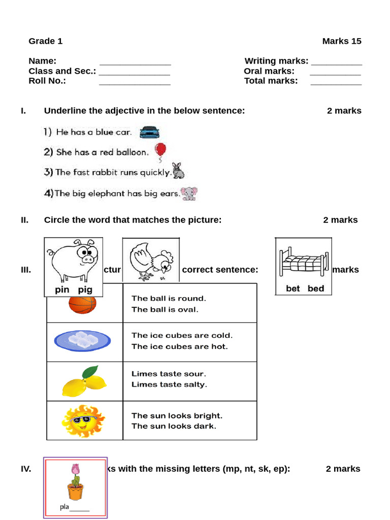 Grade 1 English Assessment Template | PDF