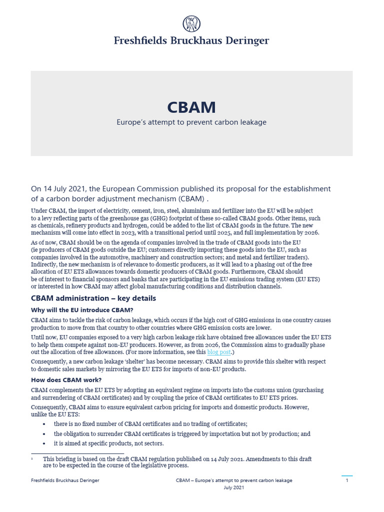 EU Carbon Border Adjustment Mechanism (CBAM) Overview | PDF