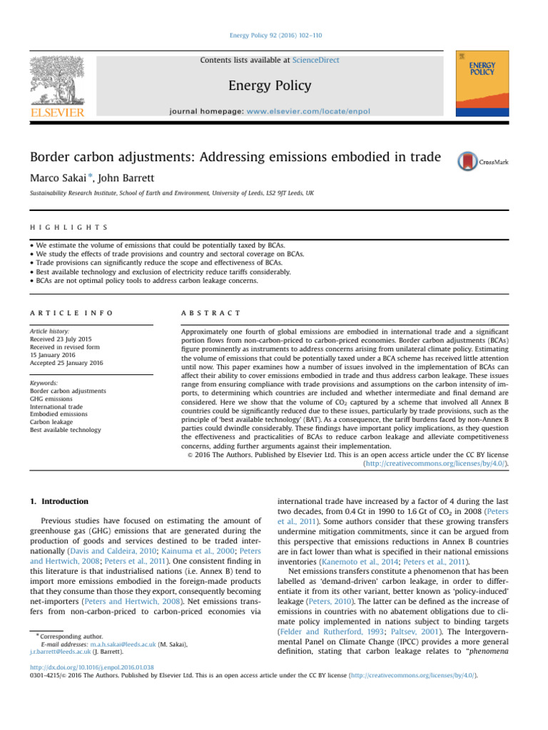 Border Carbon Adjustments and Trade Emissions | PDF | Economies