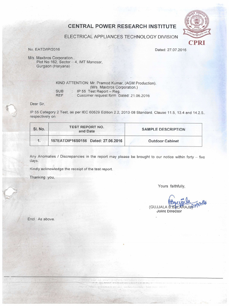 Certificate of IP-55 Test by CPRI For 2 Bay ODC | PDF