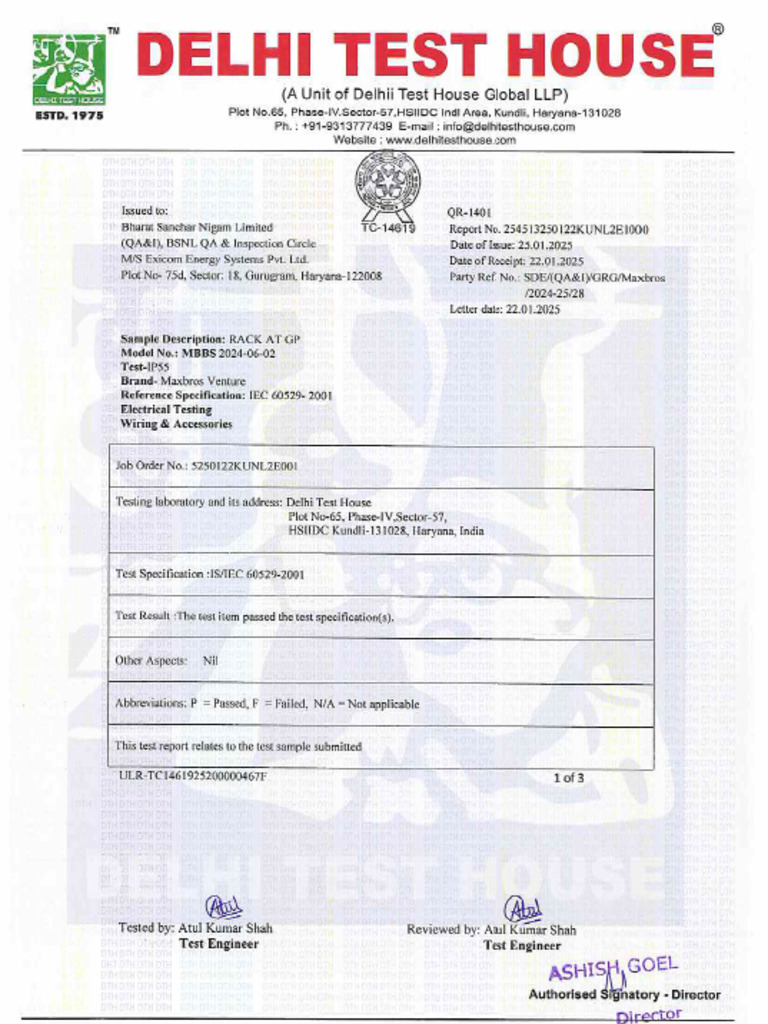 Certificate of IP-55 Test Compile | PDF