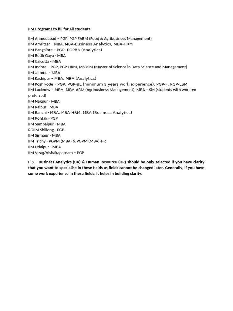 IIM Programs to Fill (2) | PDF