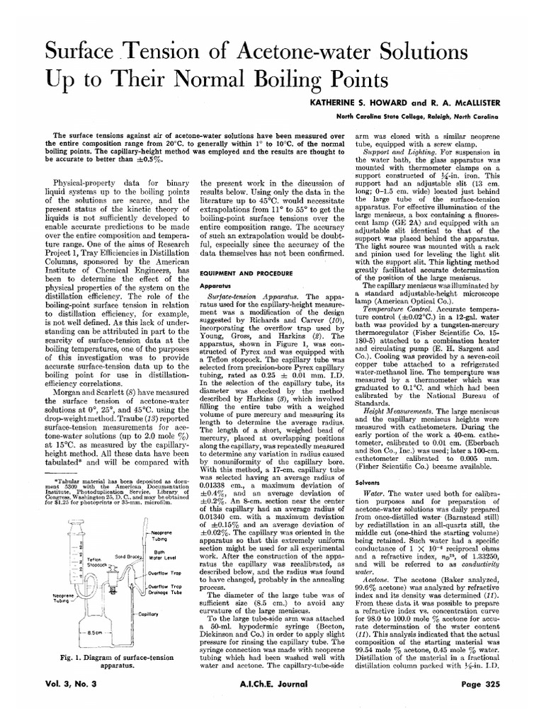 AIChE Journal - September 1957 - Howard - Surface Tension of Acetone Water Solutions Up To Their ...