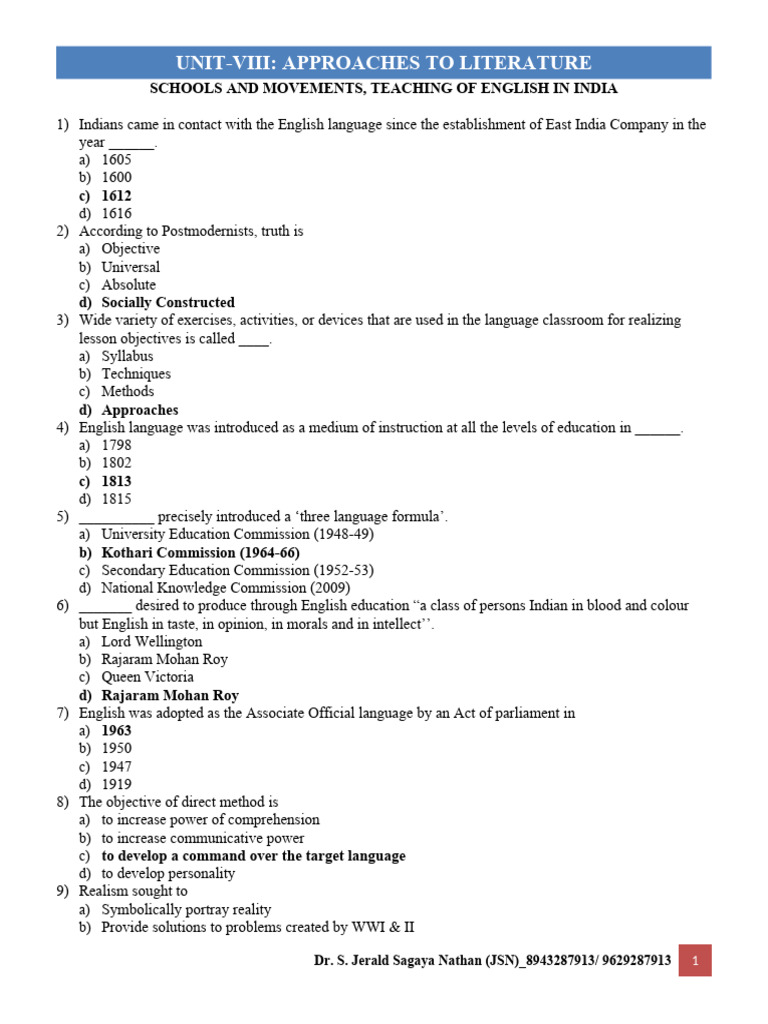 PGTRB English Unit 8 Model Question Paper English Medium PDF Download ...