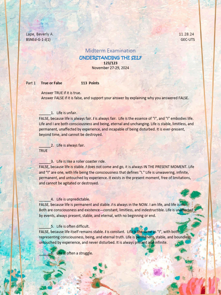 Lape Beverly Midterm Exam | PDF | Self | Psychological Concepts