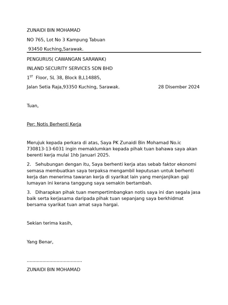 Contoh Surat Berhenti | PDF