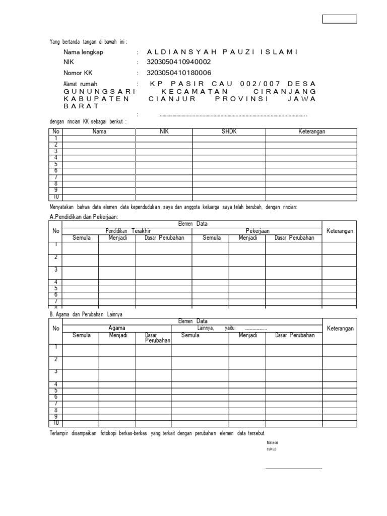 F1_06_Surat_Pernyataan_Perubahan_Elemen_Data_Kependudukan | PDF