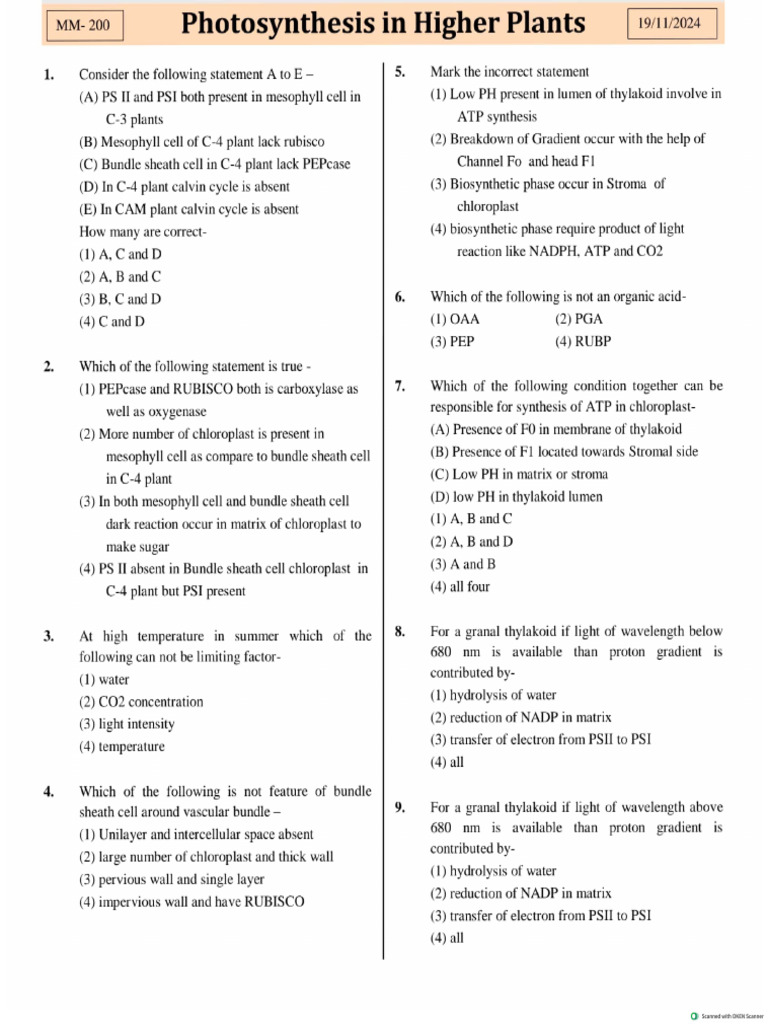 Milestone Test 01 Photosynthesis in Higher Plants Class 11th Questions ...