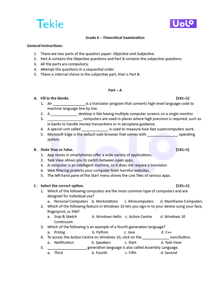 Grade 6 Computer Exam Question Paper | PDF | Windows 10 | Application ...