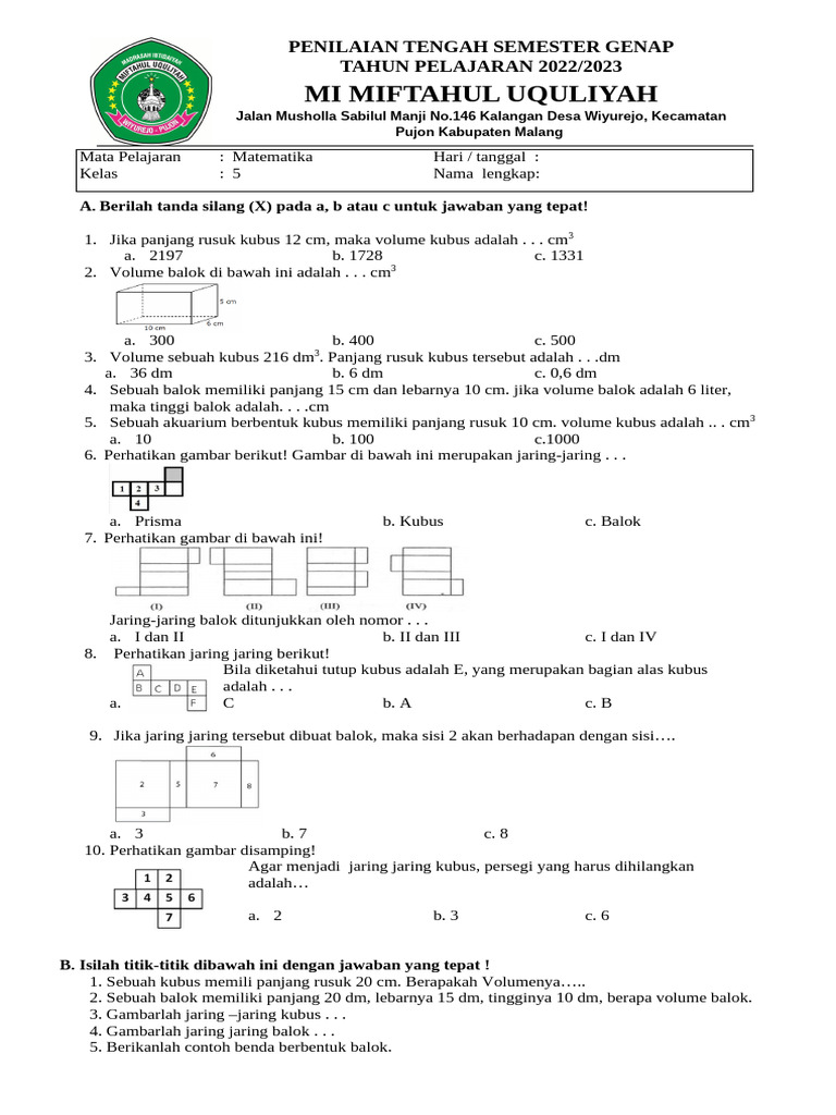 Soal PTS MTK Kelas 5 Semester 2 | PDF