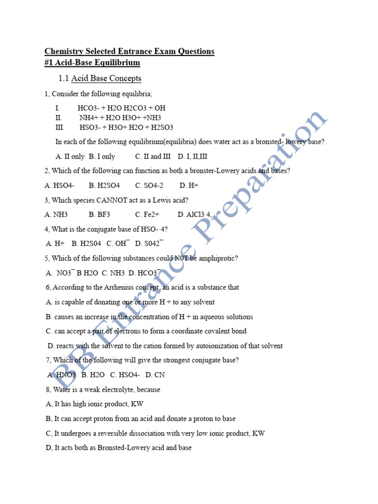 Chemistry Entrance Exam: Acid-Base Questions | PDF | Acid | Acid ...
