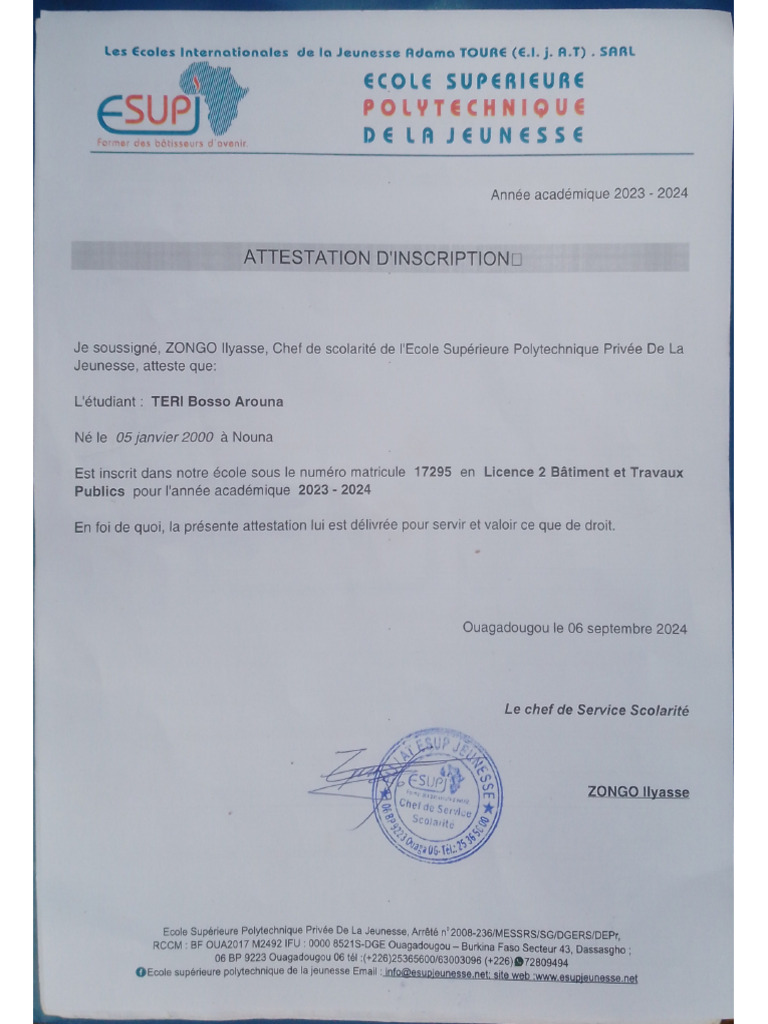 Boss Attestation D'inscription | PDF