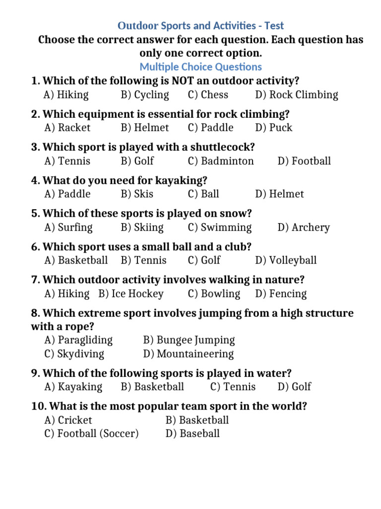Outdoor Sports Quiz: Multiple Choice Test | PDF | Outdoor Recreation ...