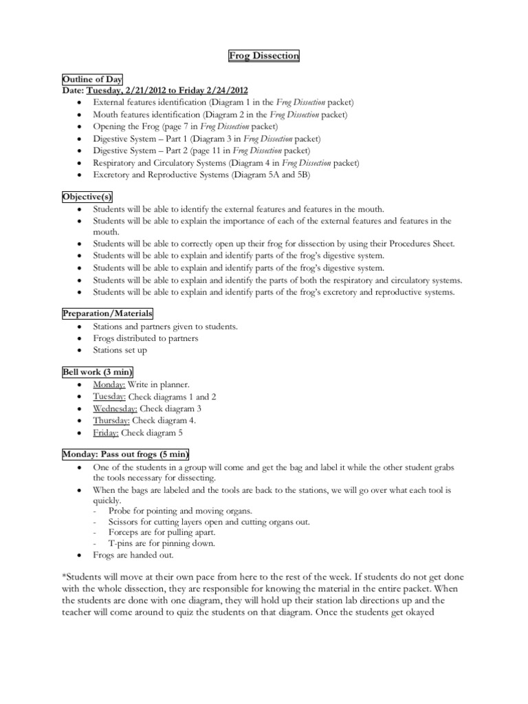 Frog Dissection Week Lesson Plans With Differentiation | PDF | Wellness