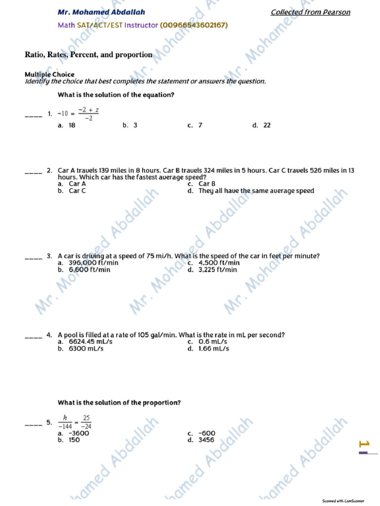 11-ACT 2-Ratio, Rates, Percent and proportion | PDF