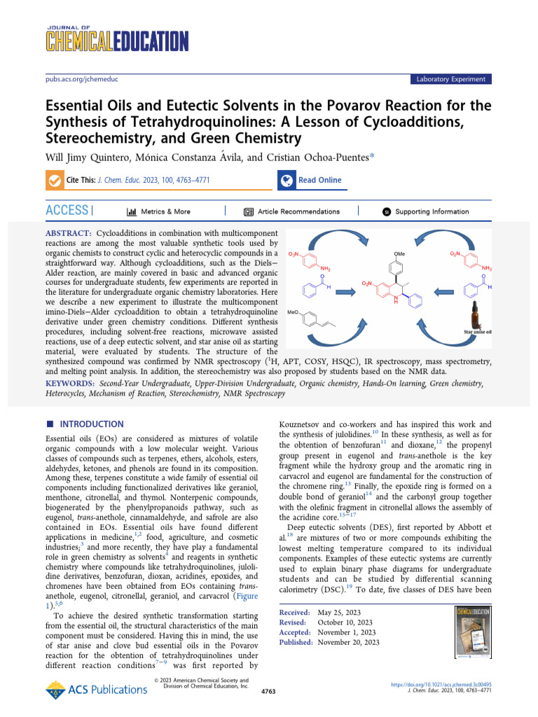 Essential Oils and Eutectic Solvents in The Povarov Reaction For The ...