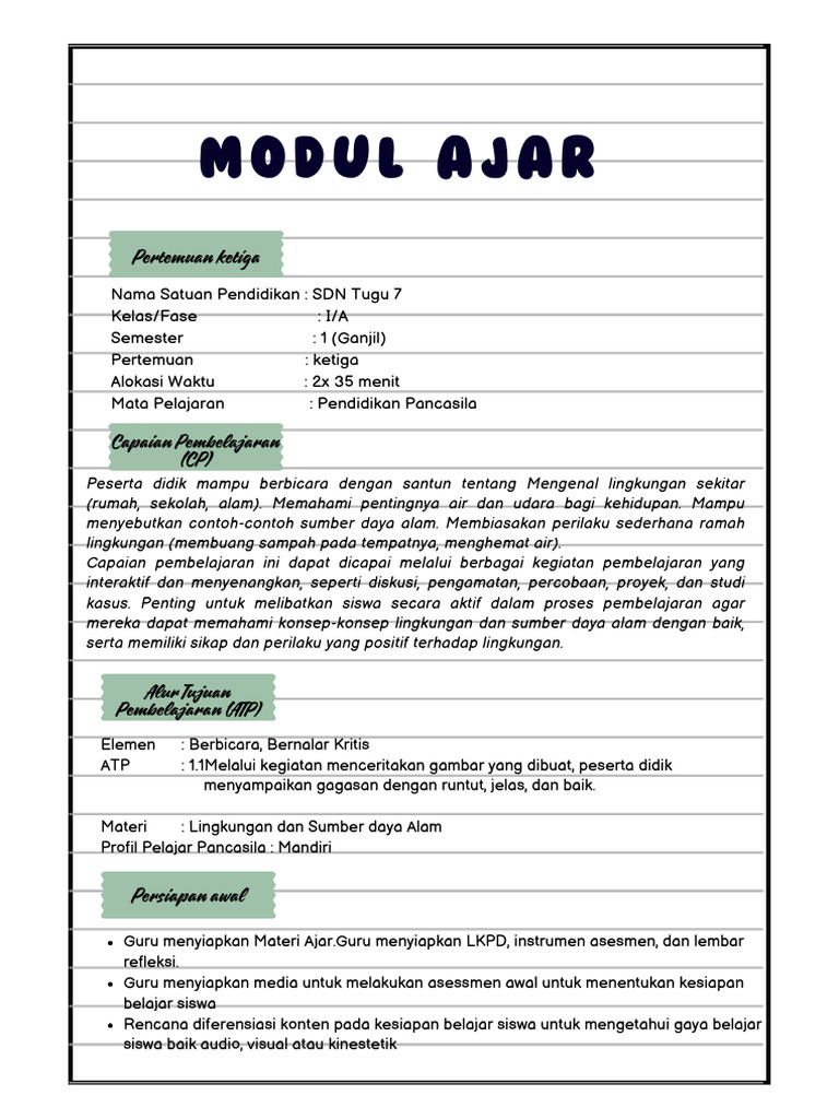 RPP Kelas 1 Tema Konservasi Air | PDF