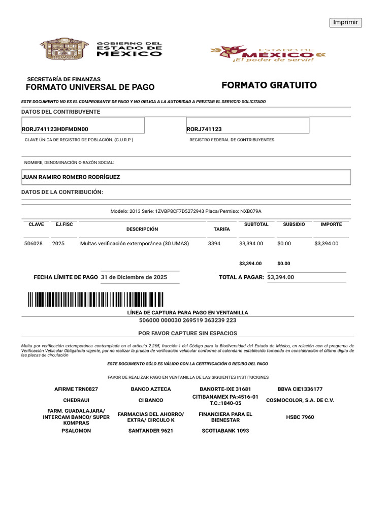 Multa Verificación Vehicular 2025 | PDF | Servicios financieros | Bancos