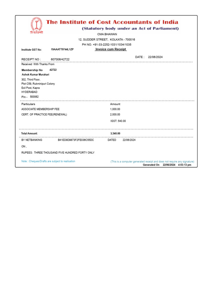 ICAI Membership Fee Payment Receipt | PDF