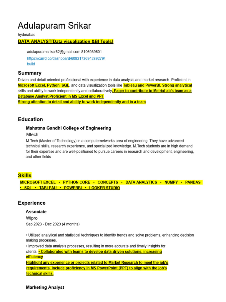 Resume Adulapuram Srikar MetrixLab | PDF | Data Analysis | Data