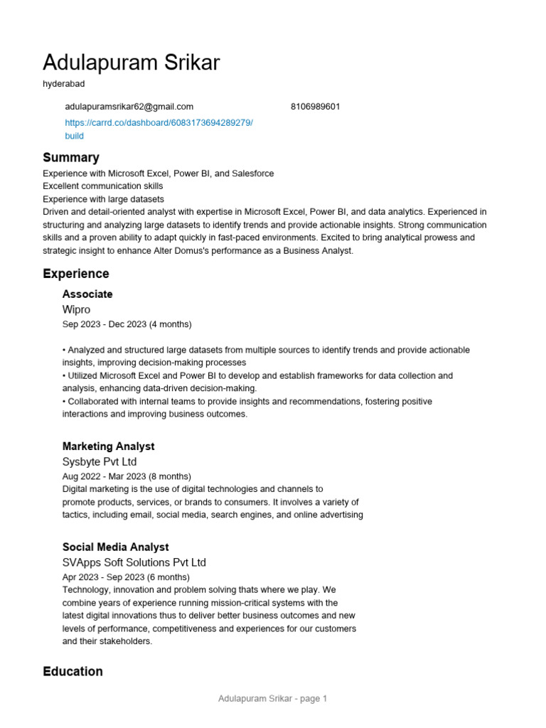 Resume Adulapuram Srikar Alter Domus | PDF | Analytics | Data Analysis