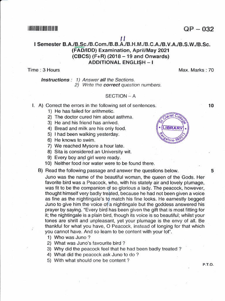 11 Additional English - April May 2021 (F+R CBCS 2018-19 and Onwards) | PDF